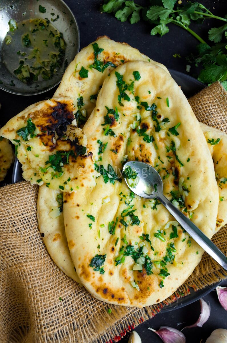 Fluffy Garlic and Coriander Indian Naan, Eggless