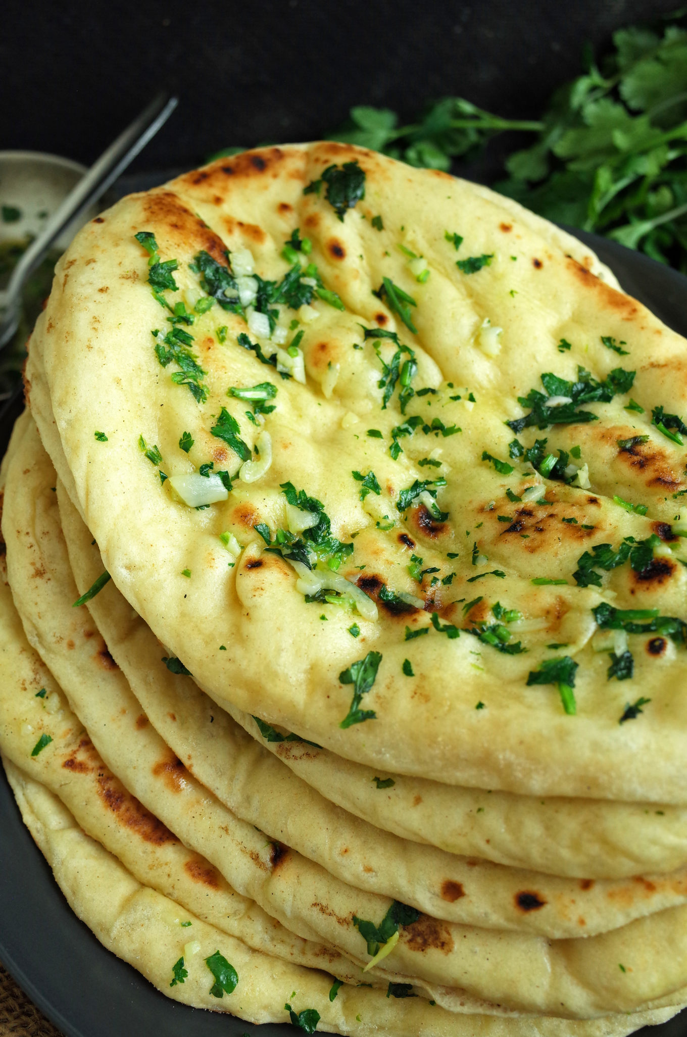 Fluffy Garlic and Coriander Indian Naan, Eggless