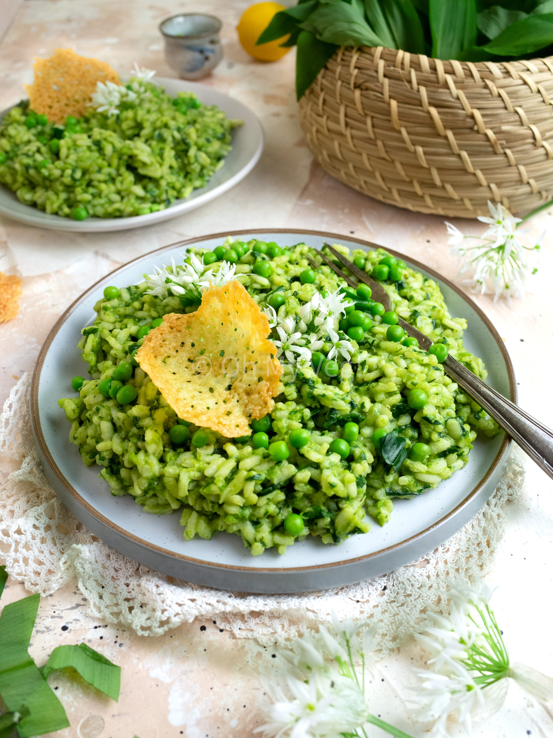 Wild Garlic and Pea Risotto with Cheddar Crisp Tuile - Oh My Veg!